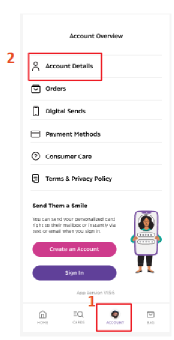 How can I view or edit my account details on the Hallmark Cards Now app?