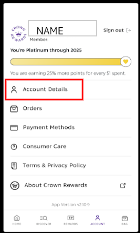 How can I view or edit my account details on the Hallmark Cards Now app?