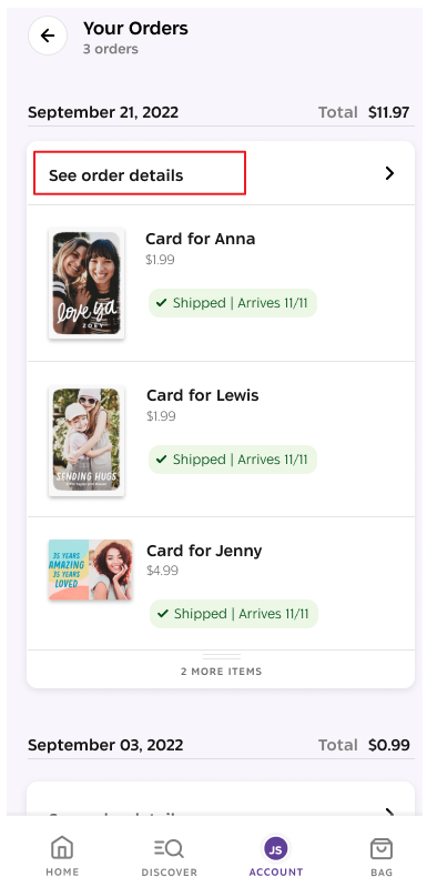 How do I view my order history on the Hallmark Cards Now app?
