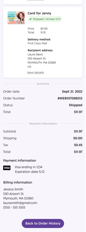 How do I view my order history on the Hallmark Cards Now app?